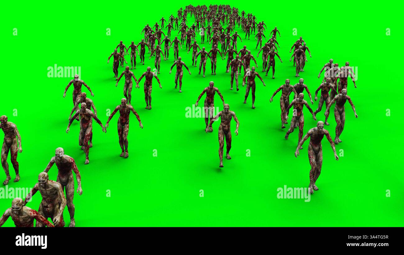 a crowd of walking zombies. green screen. Apocalyptic concept. 3d ...