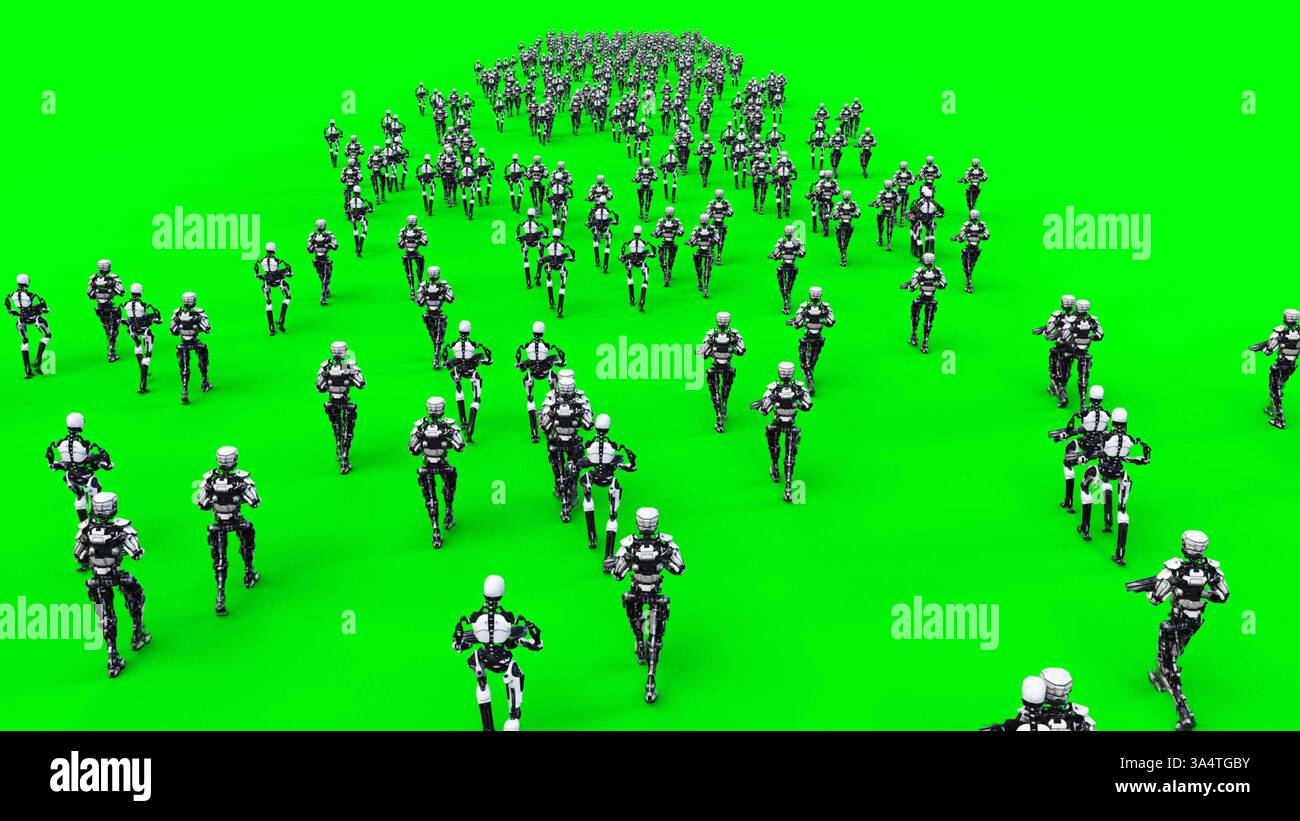 a crowd of walking robots with weapons. green screen.3d rendering Stock ...