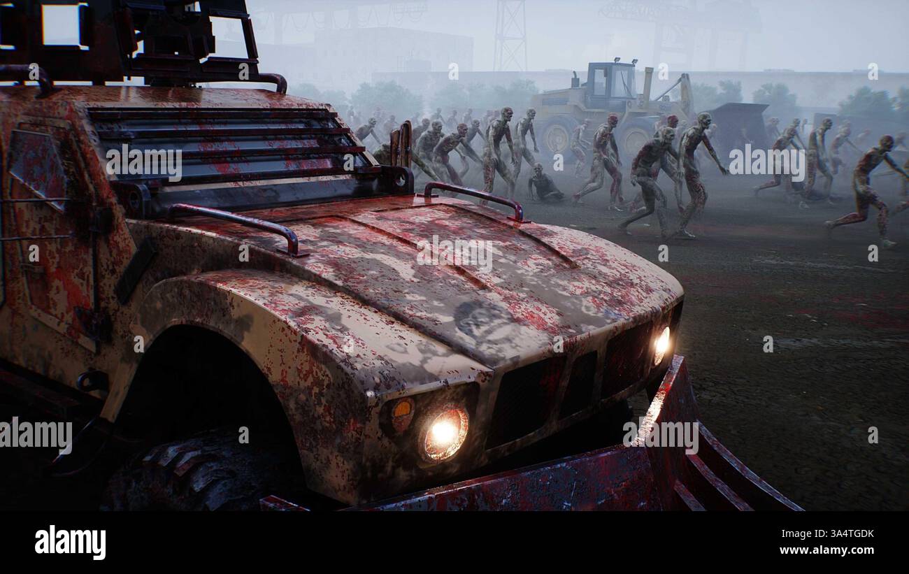 zombie car and walking crowed zombies. Apocalyptic concept. 3d ...