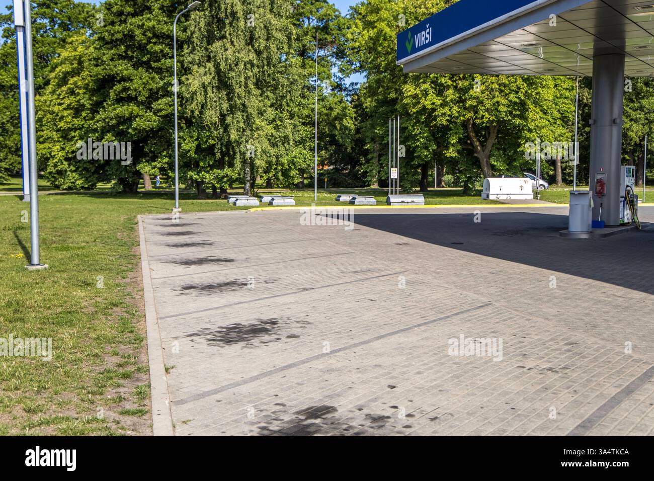Liepaja , Latvia- July 7, 2023: Stains on the road parking bays from ...