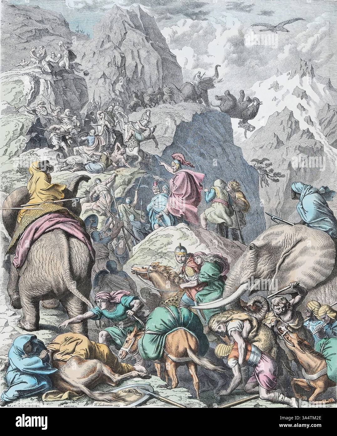 An 1866 illustration of Hannibal and his army crossing the Alps, by ...