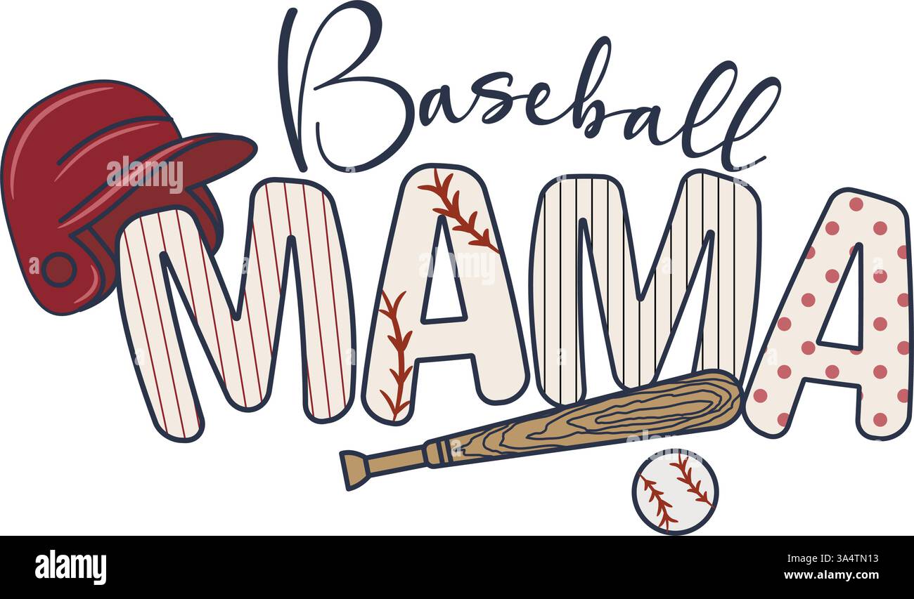 Baseball mama quote retro typography with cap, ball and bat t-shirt ...