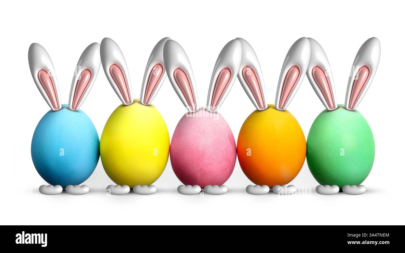 Bright Easter egg with bunny ears and paws on white background, banner ...