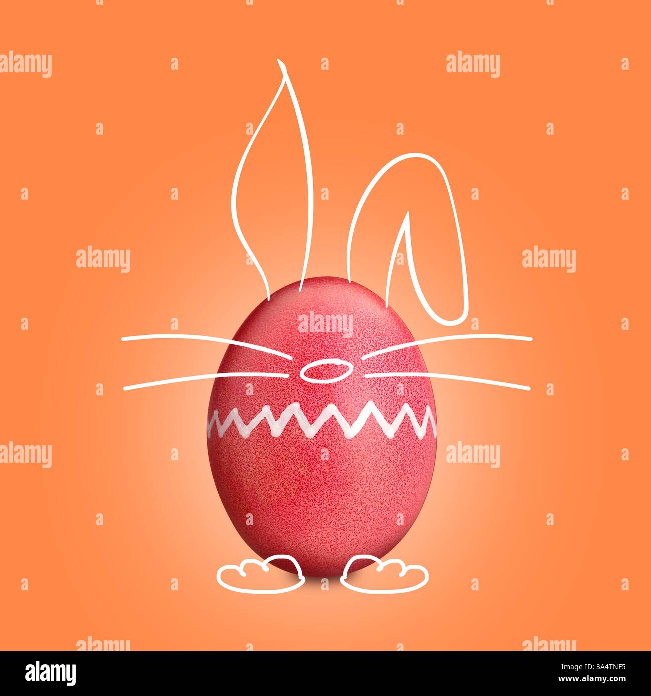 Red Easter egg with bunny ears, nose, paws and whiskers on orange ...