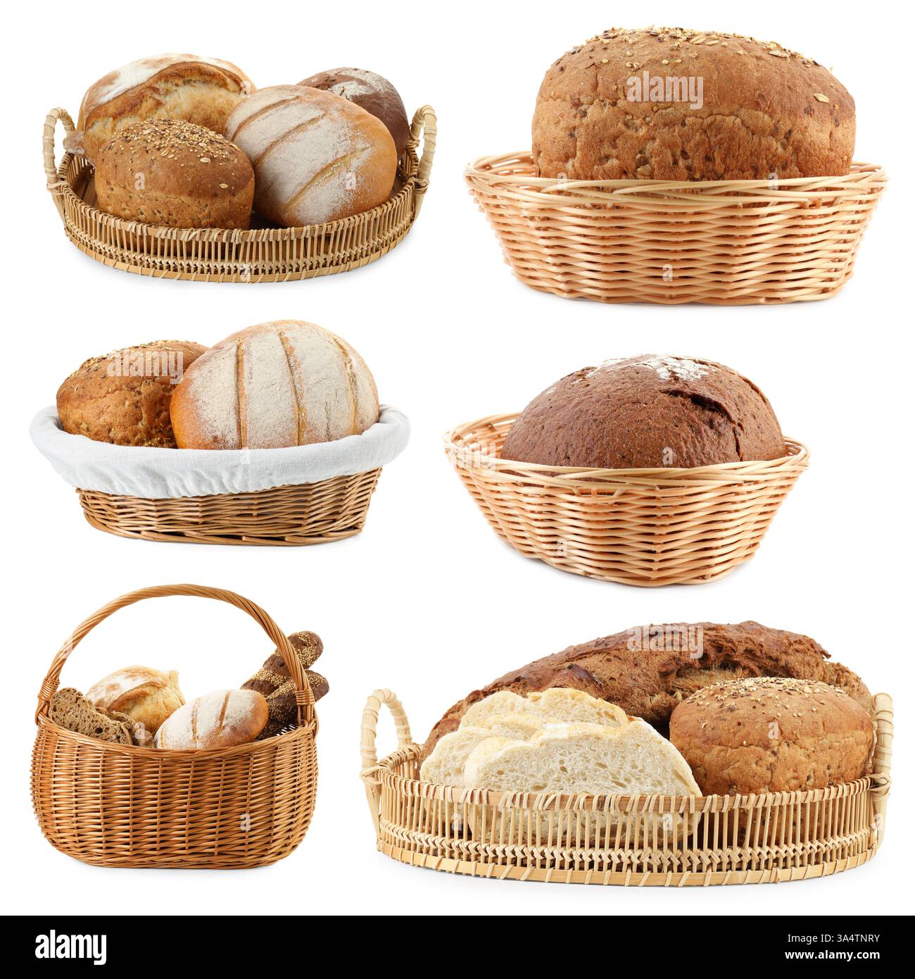 Different baskets with bread isolated on white, set Stock Photo - Alamy
