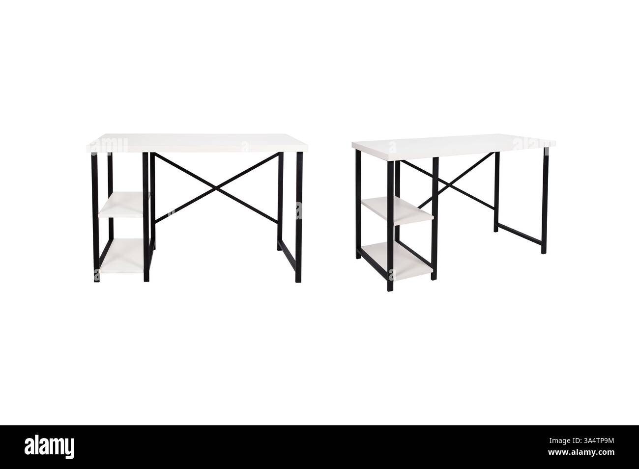 Modern industrial-style wooden desk with black metal frame and built-in ...