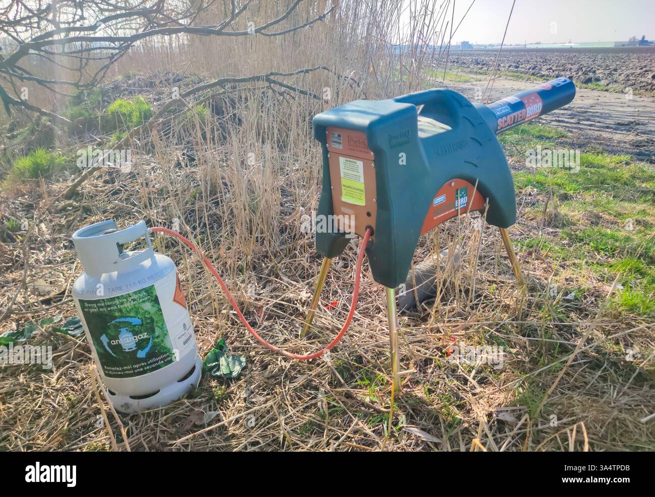 Device which uses gas pressure to give loud bangs to scare away birds ...