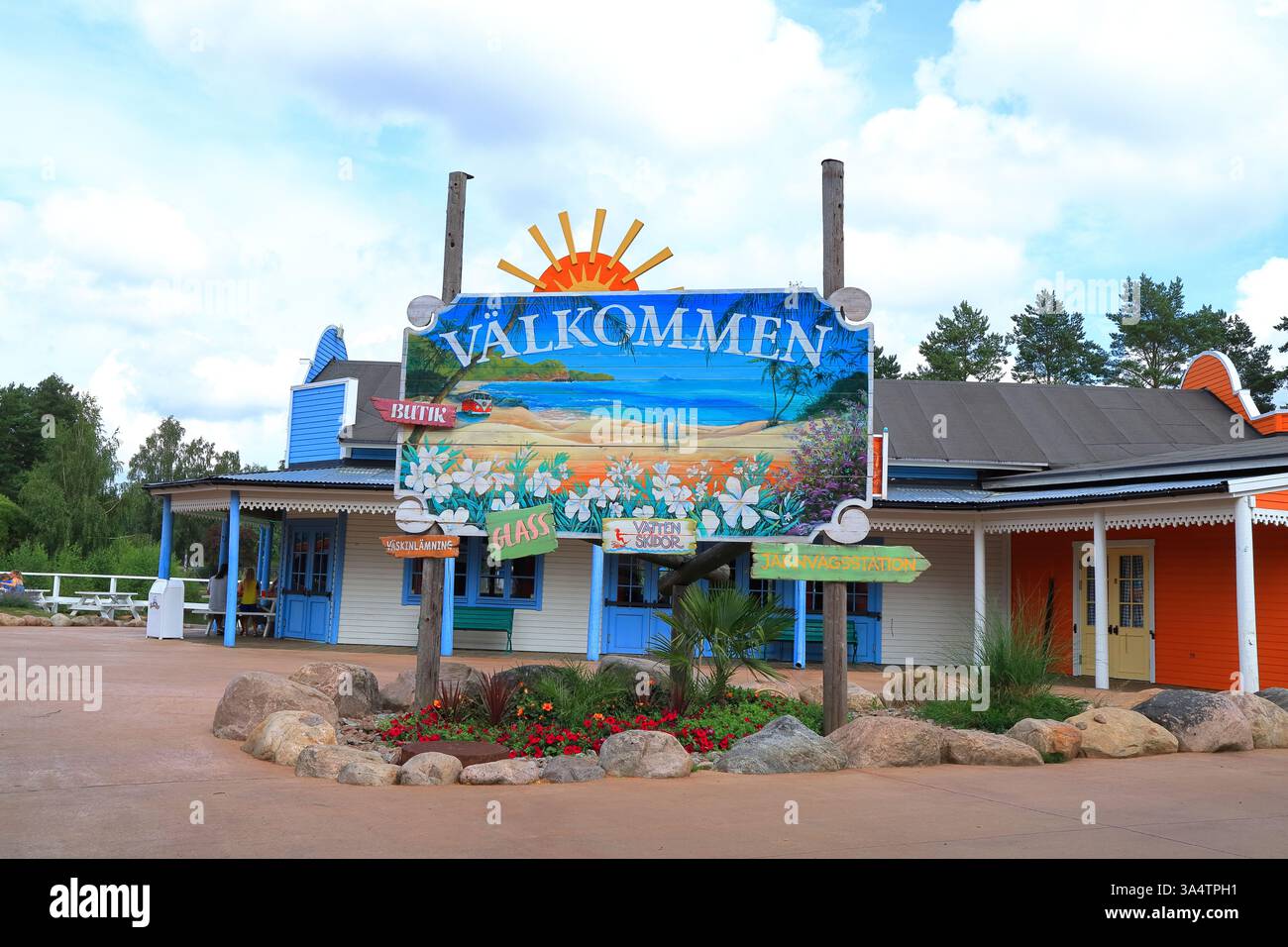 Welcome sign to inside Skara Sommarland. Swedish amusement park, both ...
