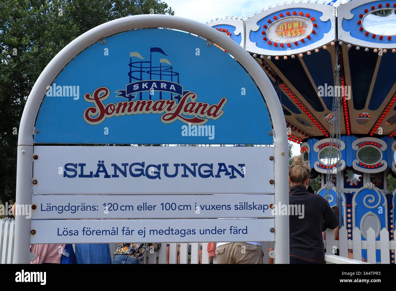 Sign with information about a fun ride at Skara Sommarland. A Swedish ...