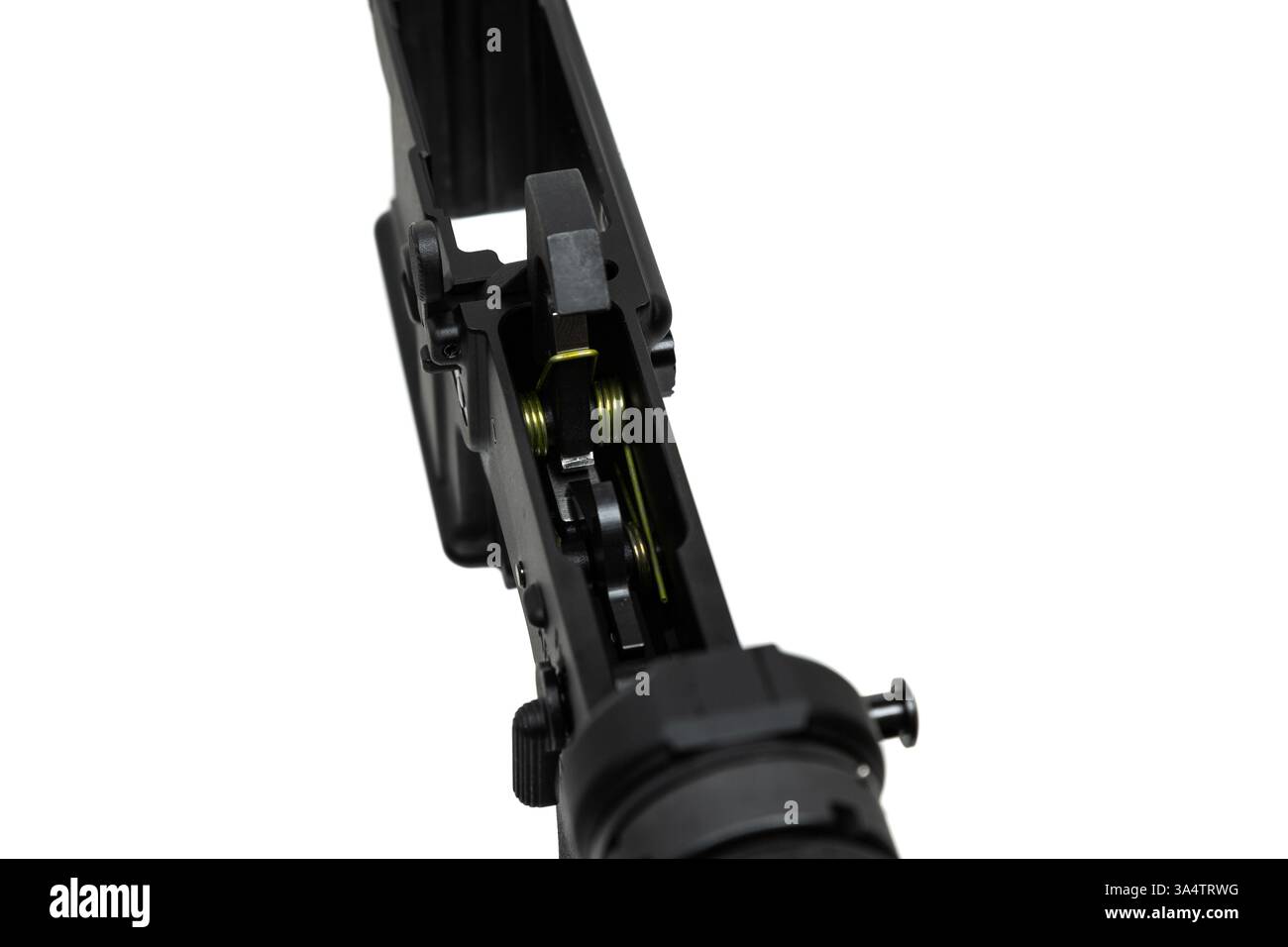 Close-up view of an AR-15 style rifle's trigger mechanism and lower ...