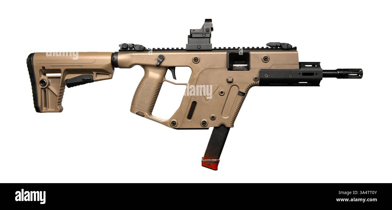 A tan and black tactical submachine gun with a collapsible stock ...