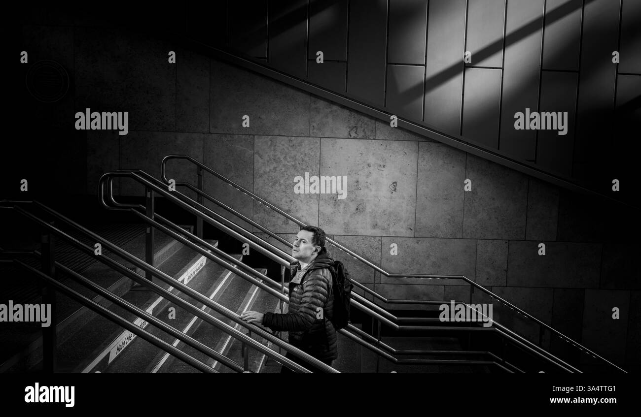 Climbing the stairs at Glasgow Queen Street station, Glasgow, Scotland ...