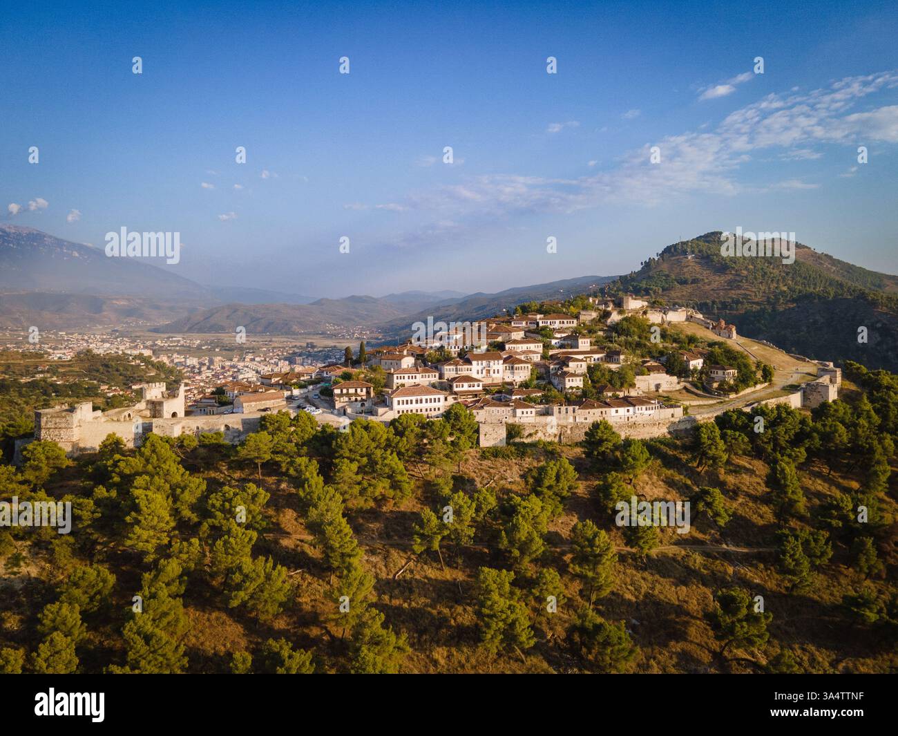 Aerial view of the old Castle in Berat and its ancient neighborhoods in ...