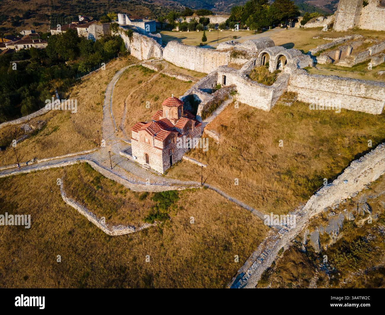 Aerial view of the old Castle in Berat and its ancient neighborhoods in ...