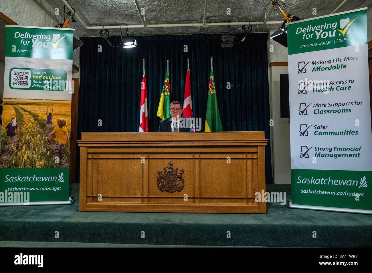Regina, Can. 19th Mar, 2025. Premier of Saskatchewan Scott Moe speaks ...