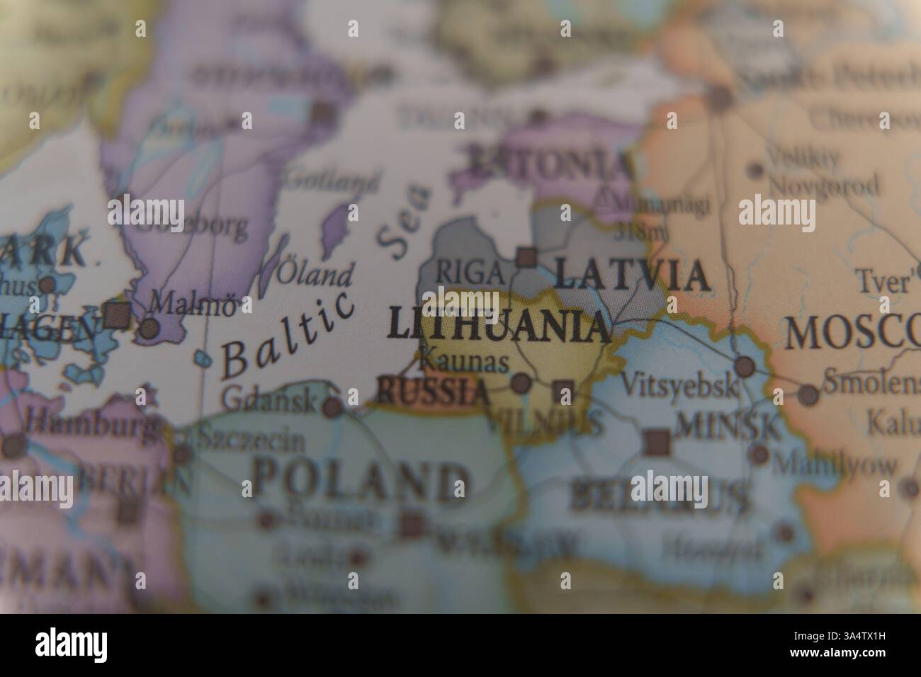 Close-up of a map showing Lithuania with neighboring countries Latvia ...