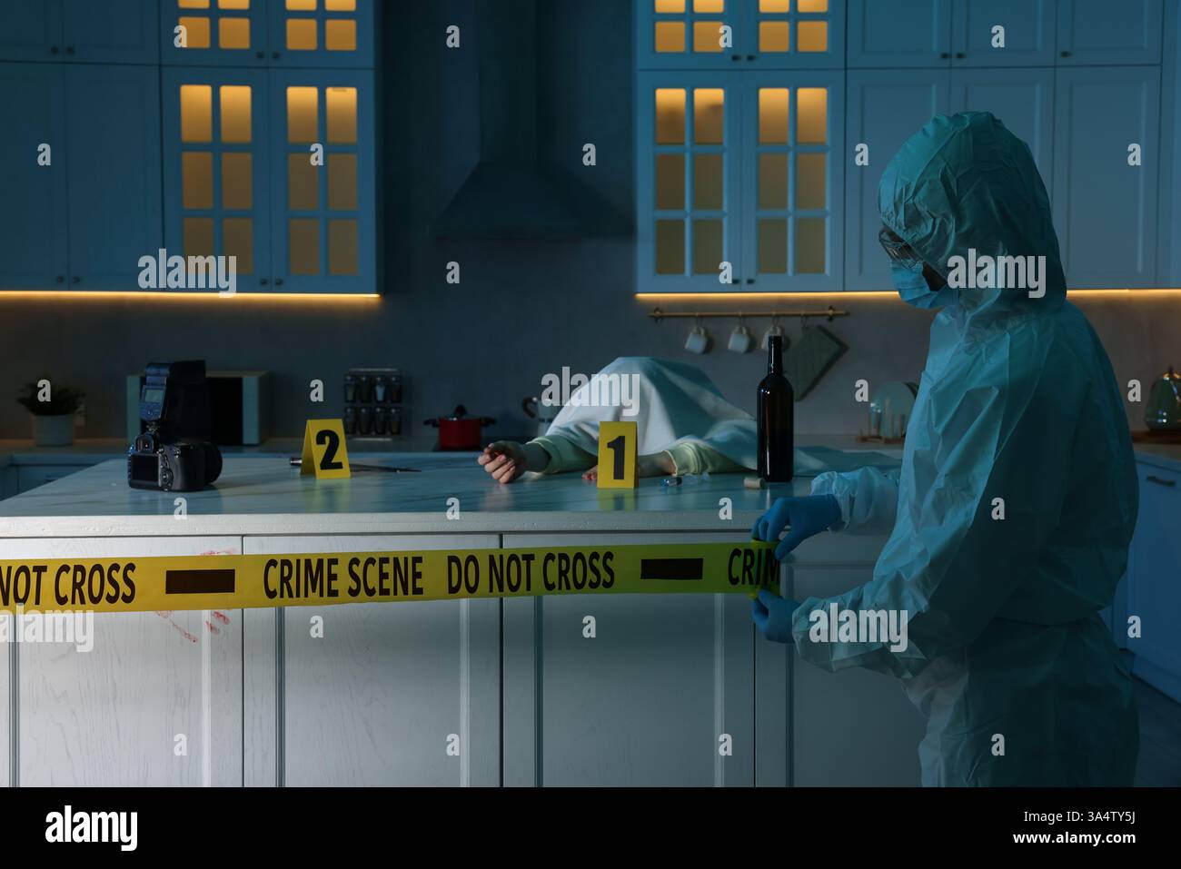 Forensic expert blocking way to crime scene and dead body with yellow ...
