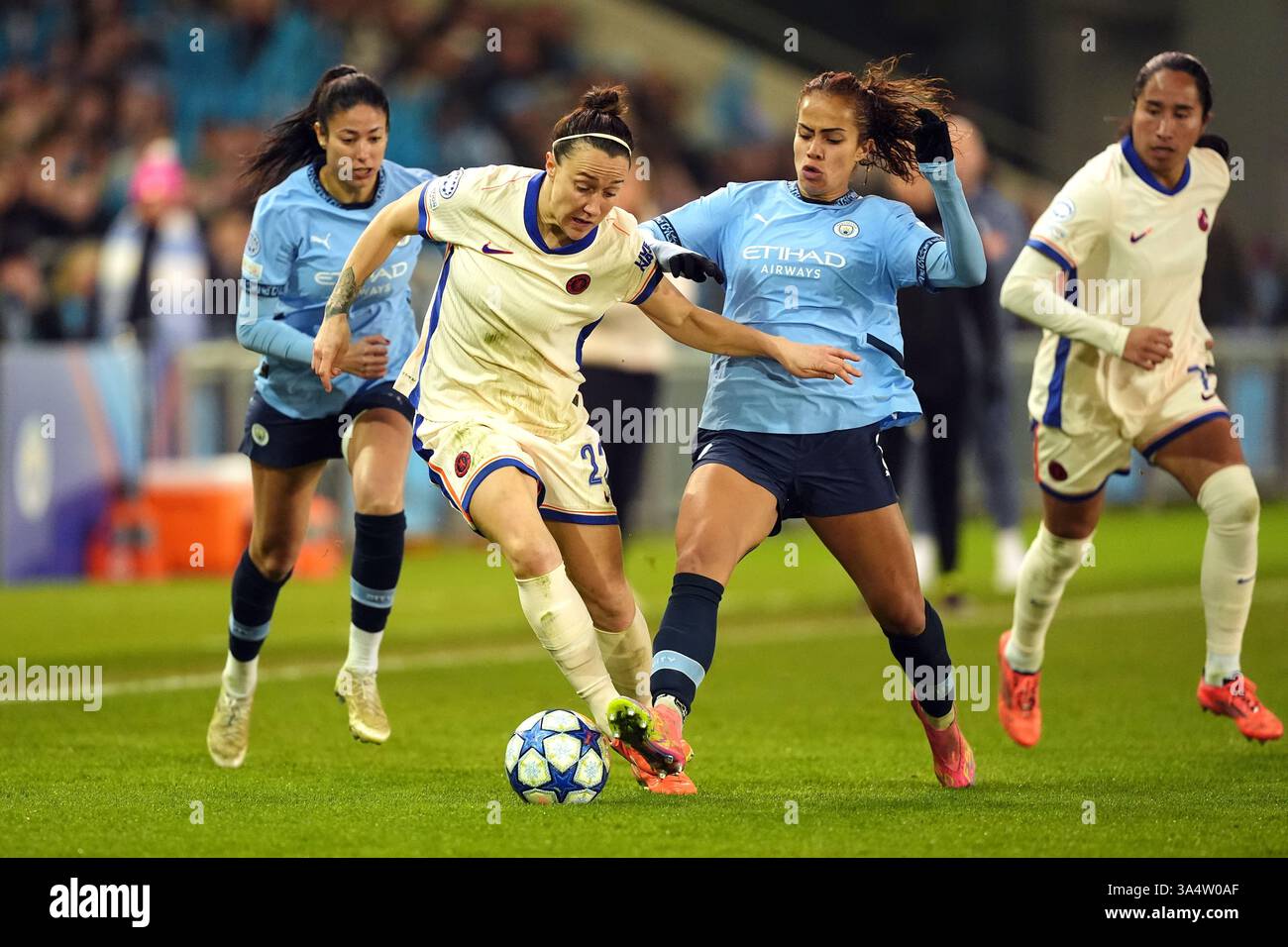 Chelsea's Lucy Bronze (left) and Manchester City's Mary Fowler battle ...