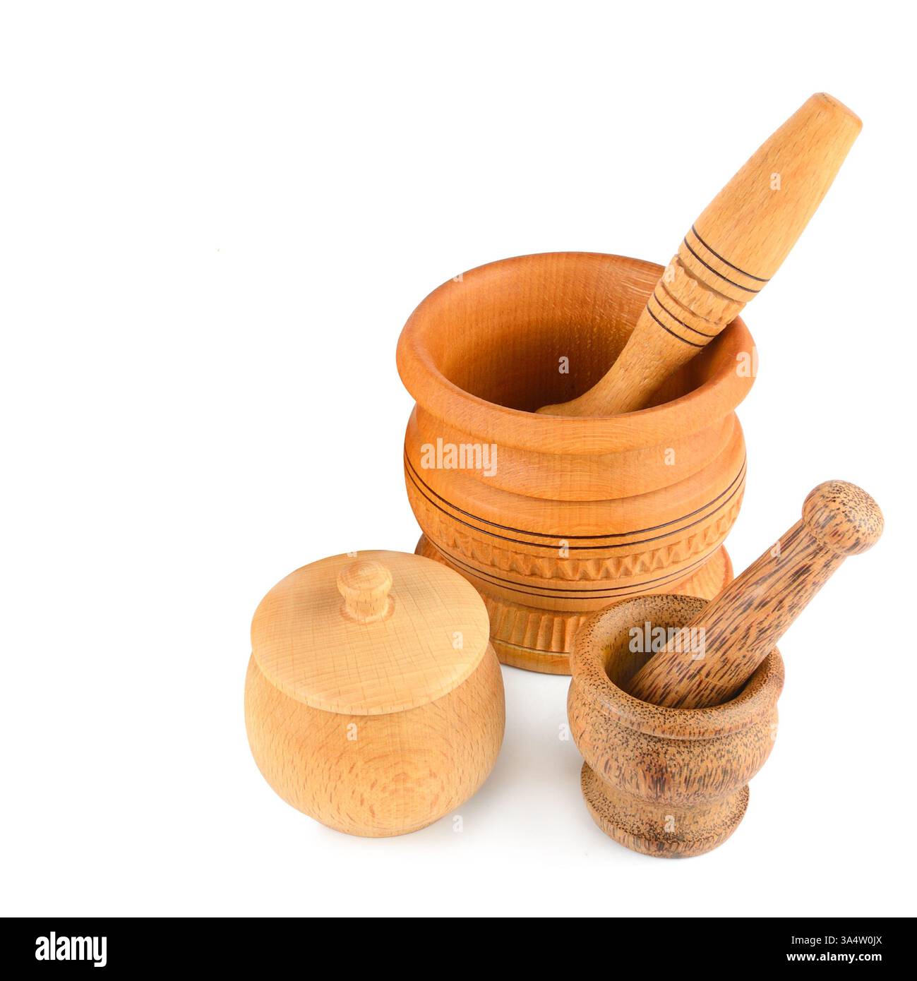 Set of wooden mortars and pestles isolated on white background. Free ...