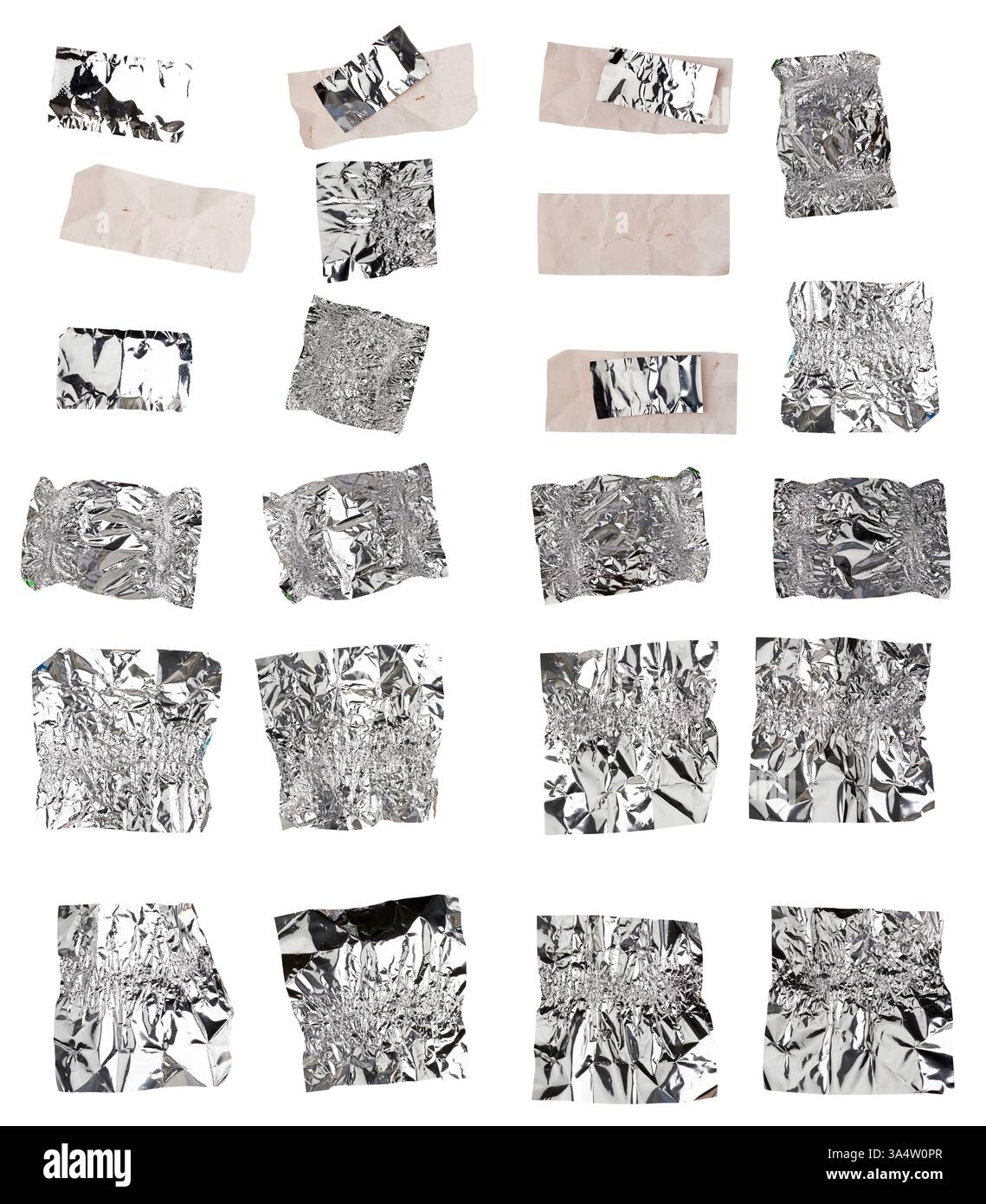 Various crumpled foil used candy wrappers on isolated background, top ...