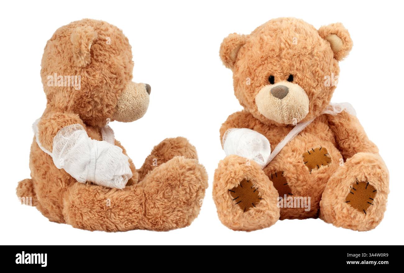 Soft brown teddy bears sitting with bandaged arms and visible stitched ...