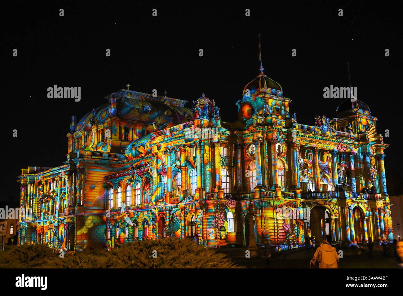 The historic facade of the Croatian National Theatre in colorful ...