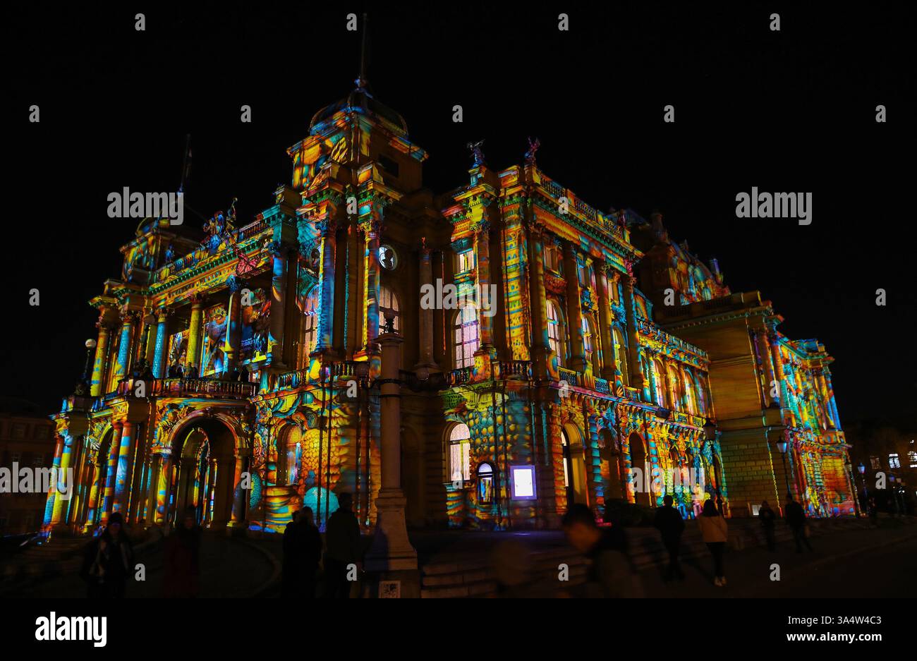 The historic facade of the Croatian National Theatre in colorful ...