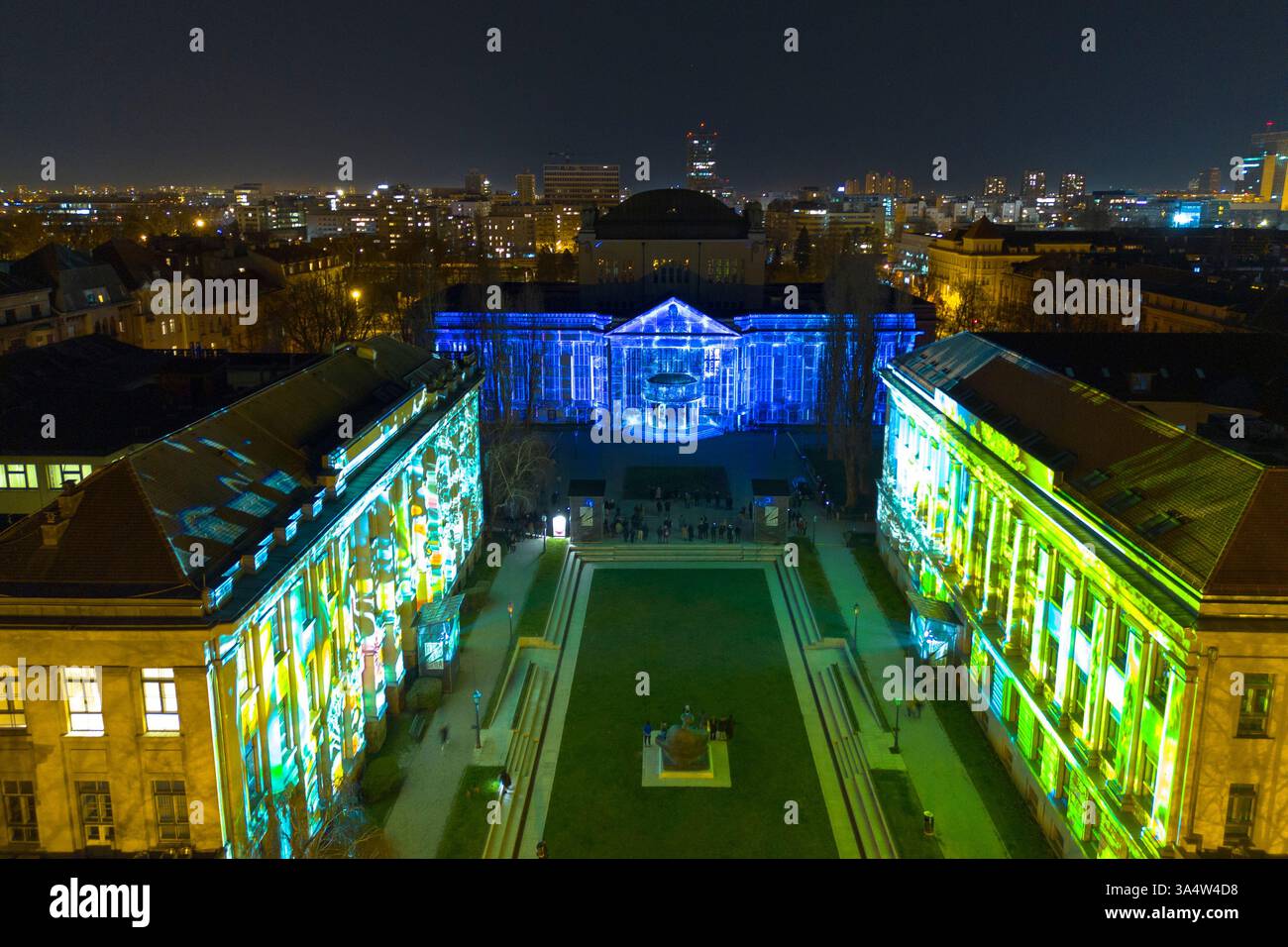 Zagreb, Croatia. 19th Mar, 2025. Aerial view of a 3D projection on the building of the Croatian ...