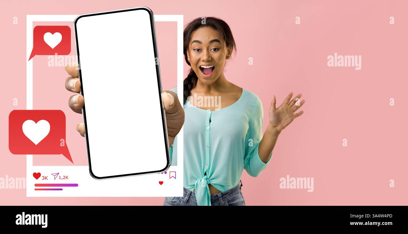 Engaging influencer showcasing smartphone with mockup social media ...