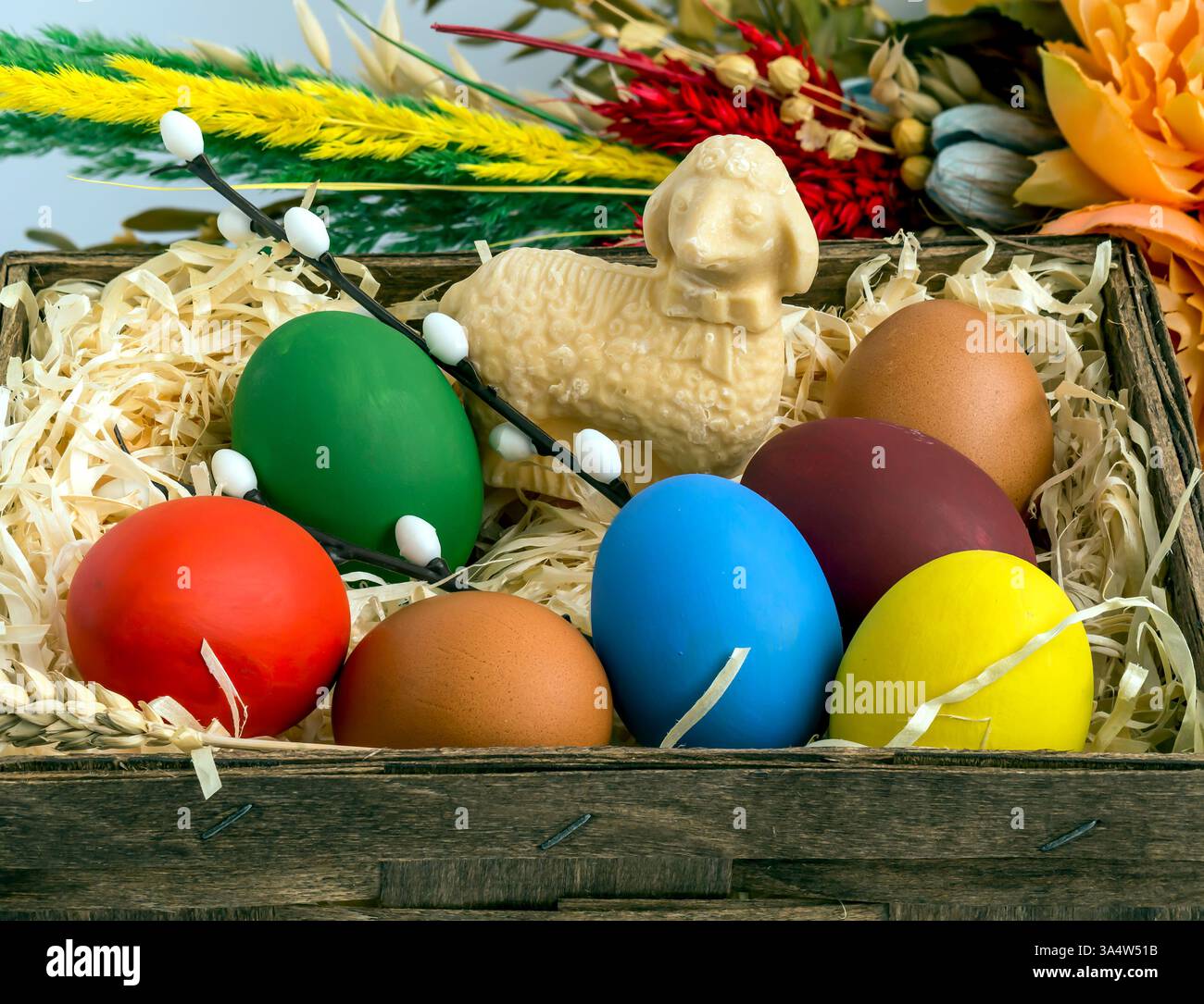 painted eggs in different colors, butter lamb, Easter palm and other ...
