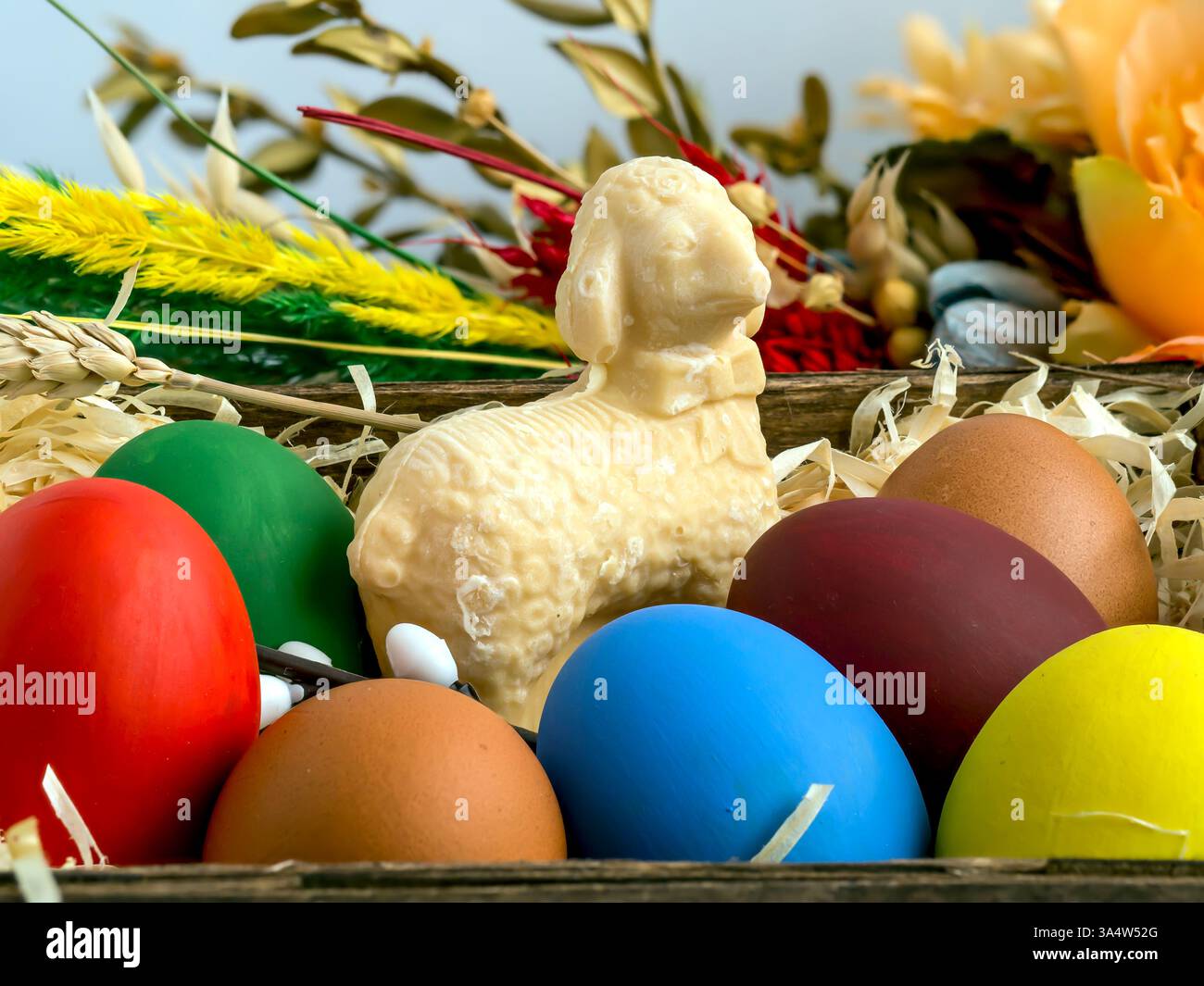 painted eggs in different colors, butter lamb, Easter palm and other ...