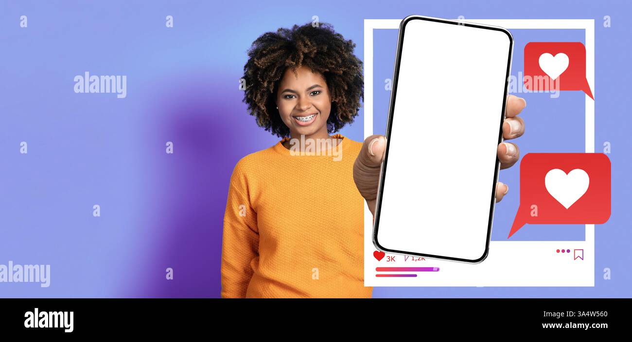 Engaging influencer shows smartphone with social media interface and ...