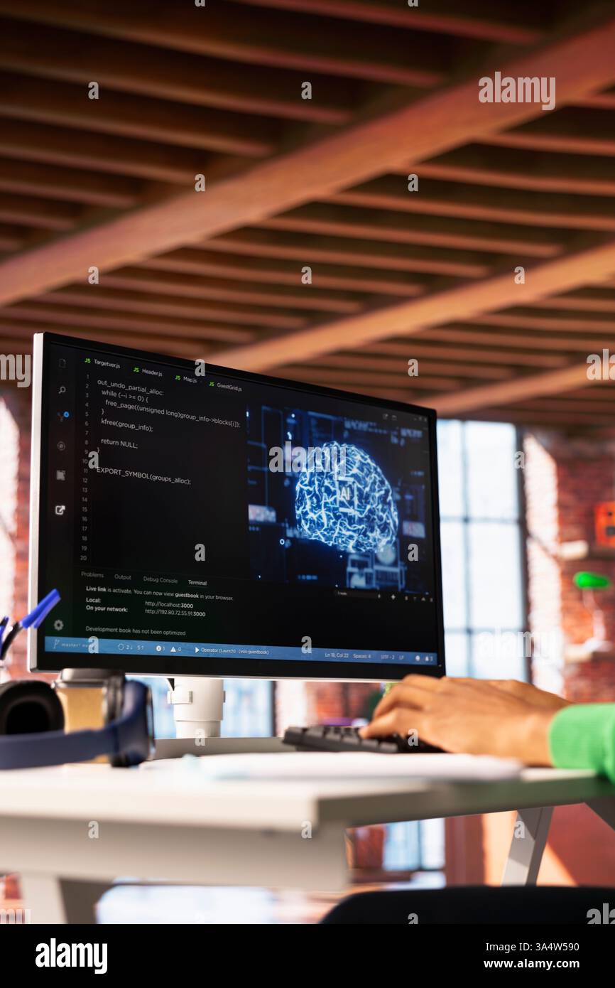 Admin doing maintenance on artificial intelligence neural networks computerized model, solving ...