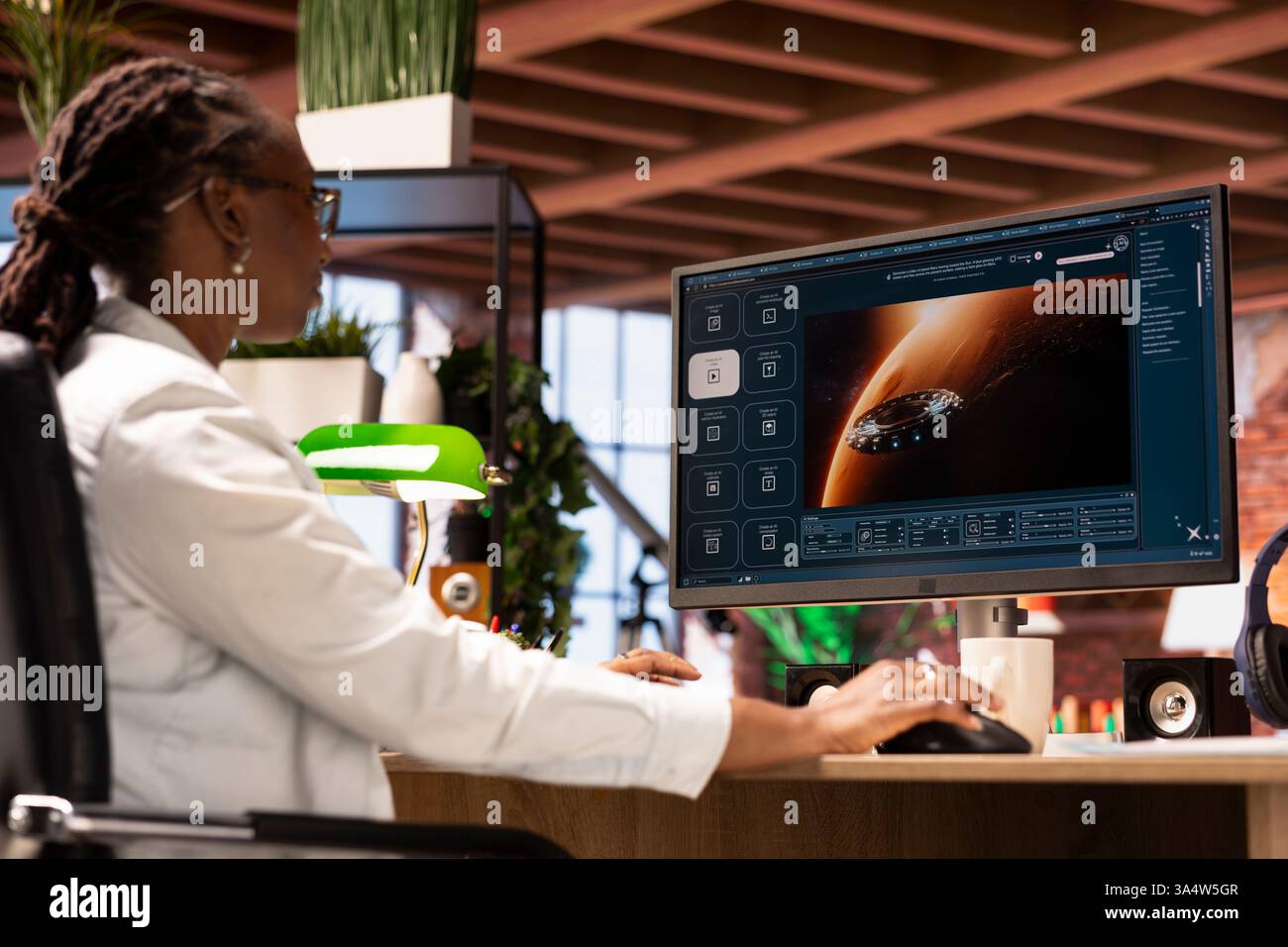 Woman at home using generative artificial intelligence website generating videos using diffusion ...