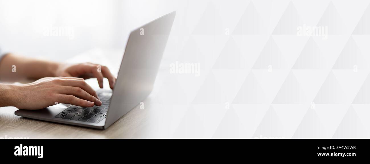 Working At Laptop Pc Man Typing Text Or Programming Code On Computer Holding Hands On Laptop