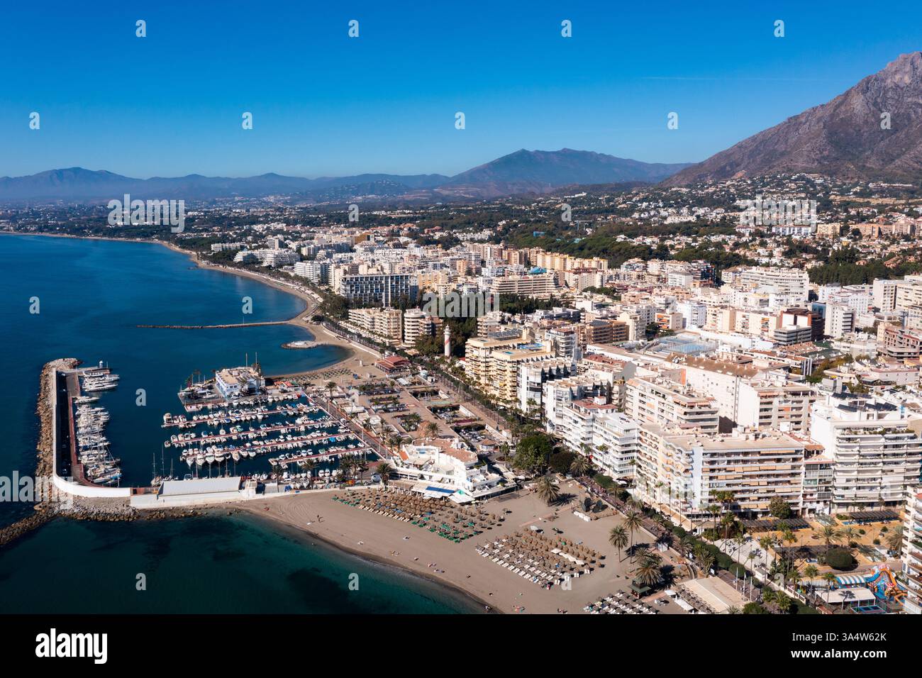 Aerial drone perspective of beautiful over luxury Puerto Banus Bay in ...