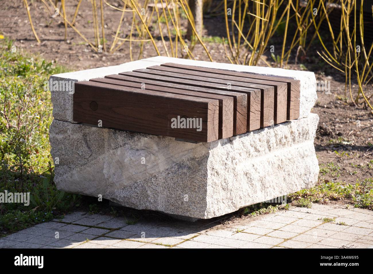 Stone and wood single seat bench in Belgrade promenade, empty Stock ...