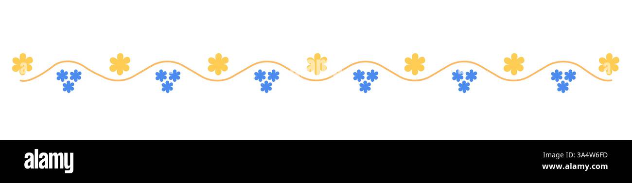 Blue and yellow flowers, curly line doodle style hand drawn divider ...