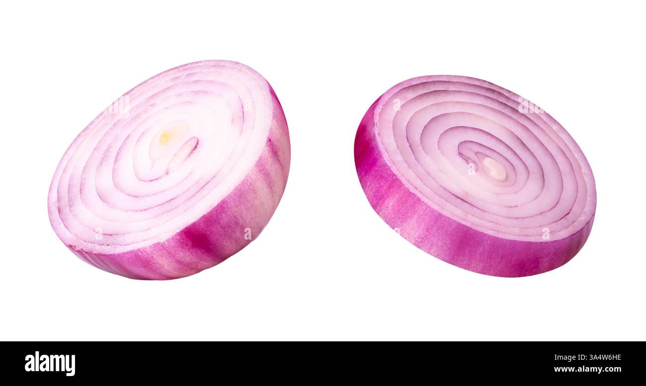 Top view set of fresh red or purple onion bulb in half and slice in ...