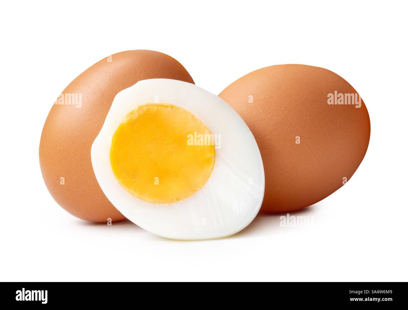 Front view of raw brown chicken eggs and cooked or boiled chicken egg ...