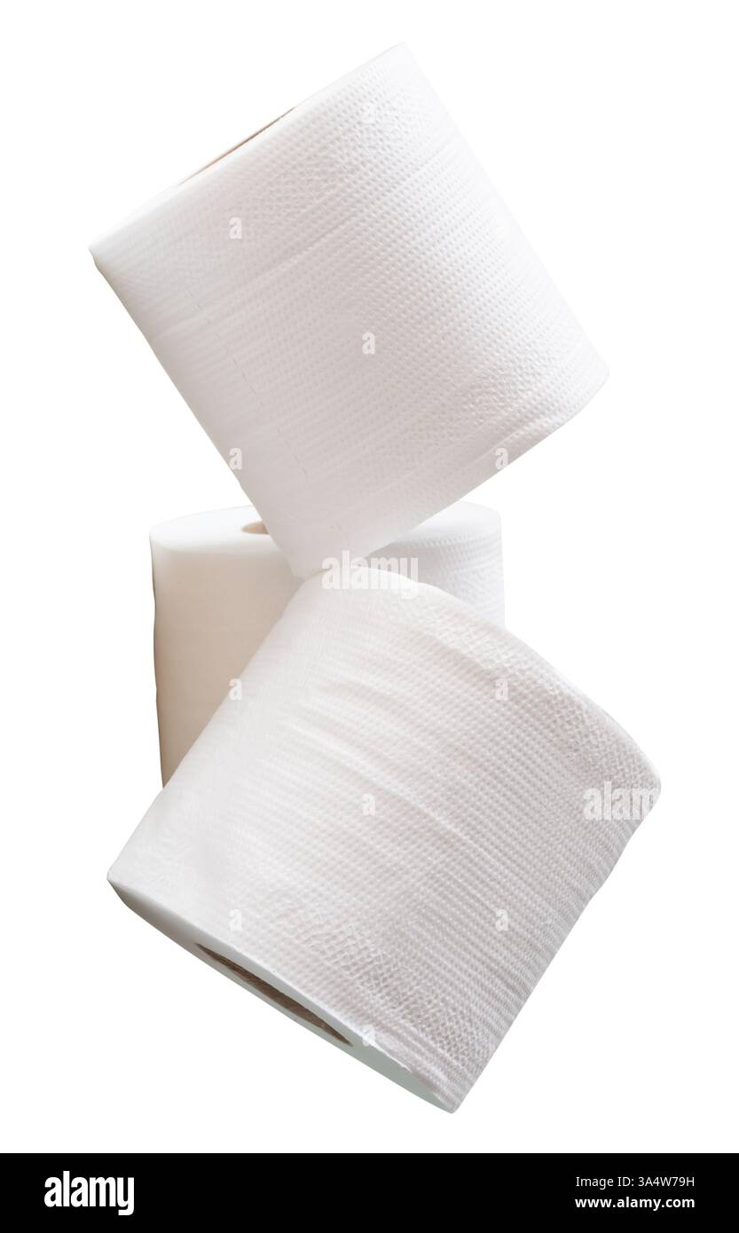 Three rolls of white tissue paper or toilet paper in stack is isolated ...