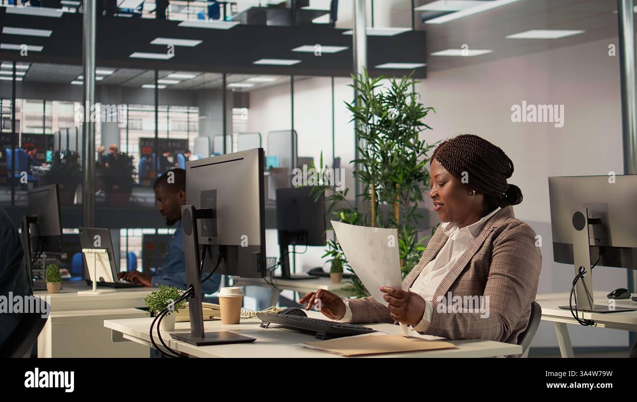 Successful businesswoman manages financial planning and project development. Focused female ...