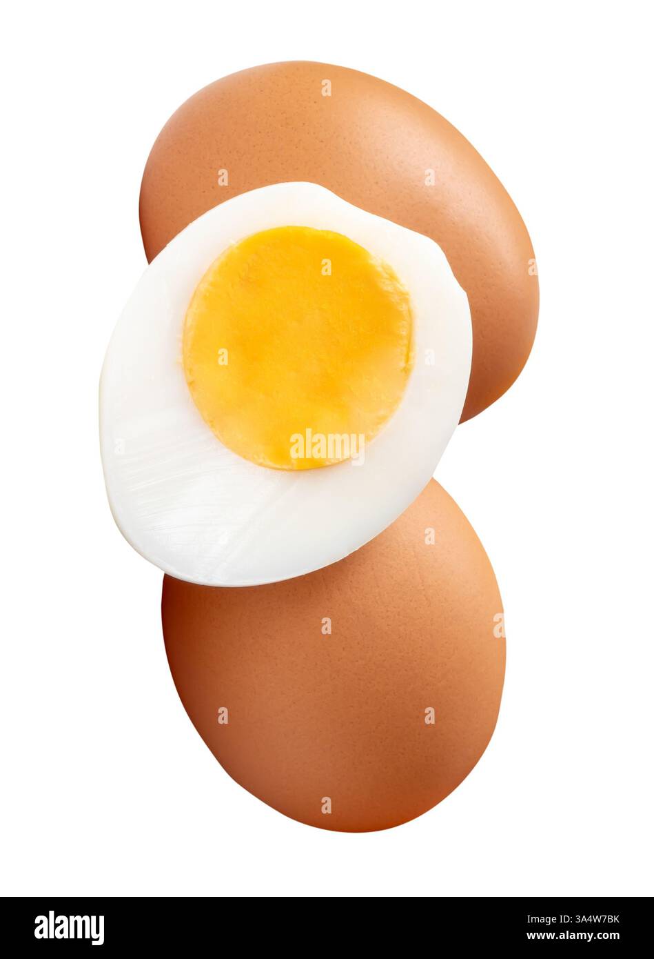 Front view of raw brown chicken eggs and cooked or boiled chicken egg ...