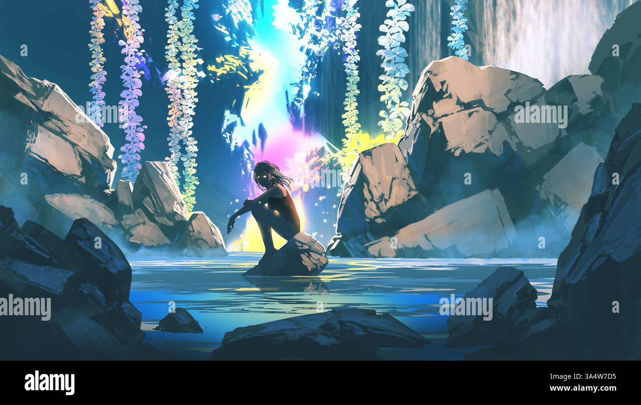 A shadowy woman sits on a rock in a mystical pool surrounded by glowing ...