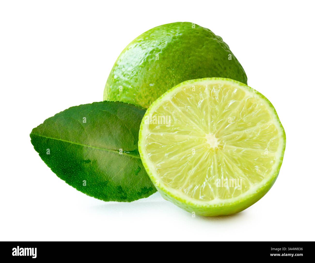 Front view of fresh green lemon fruit with half in circle shape and green leaf in small pile is ...