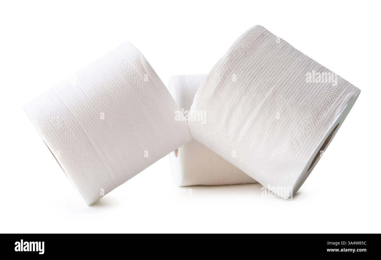 Three rolls of white tissue paper or toilet paper in stack is isolated ...