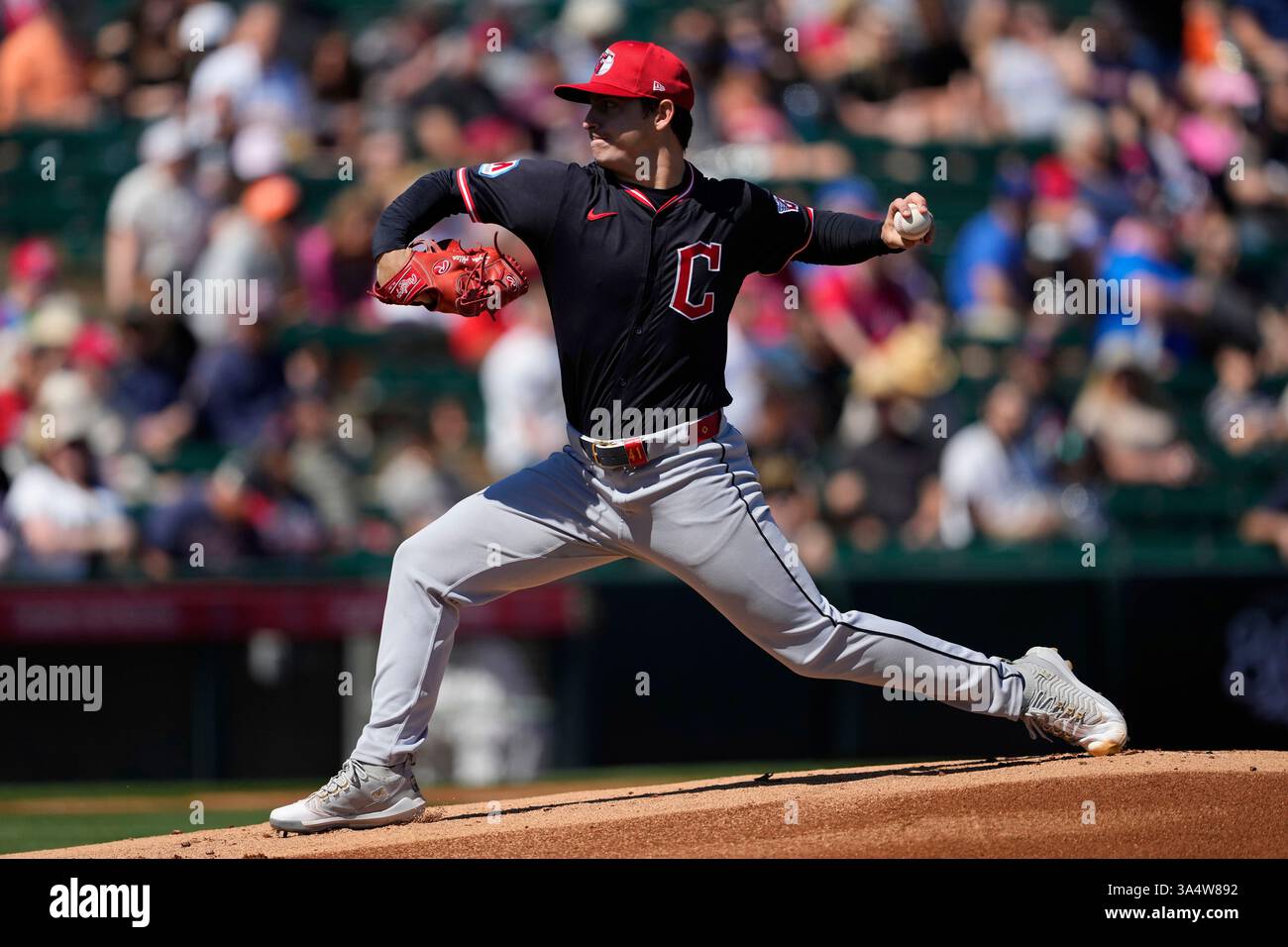 Cleveland Guardians pitcher Logan Allen throws aginst the Los Angeles ...