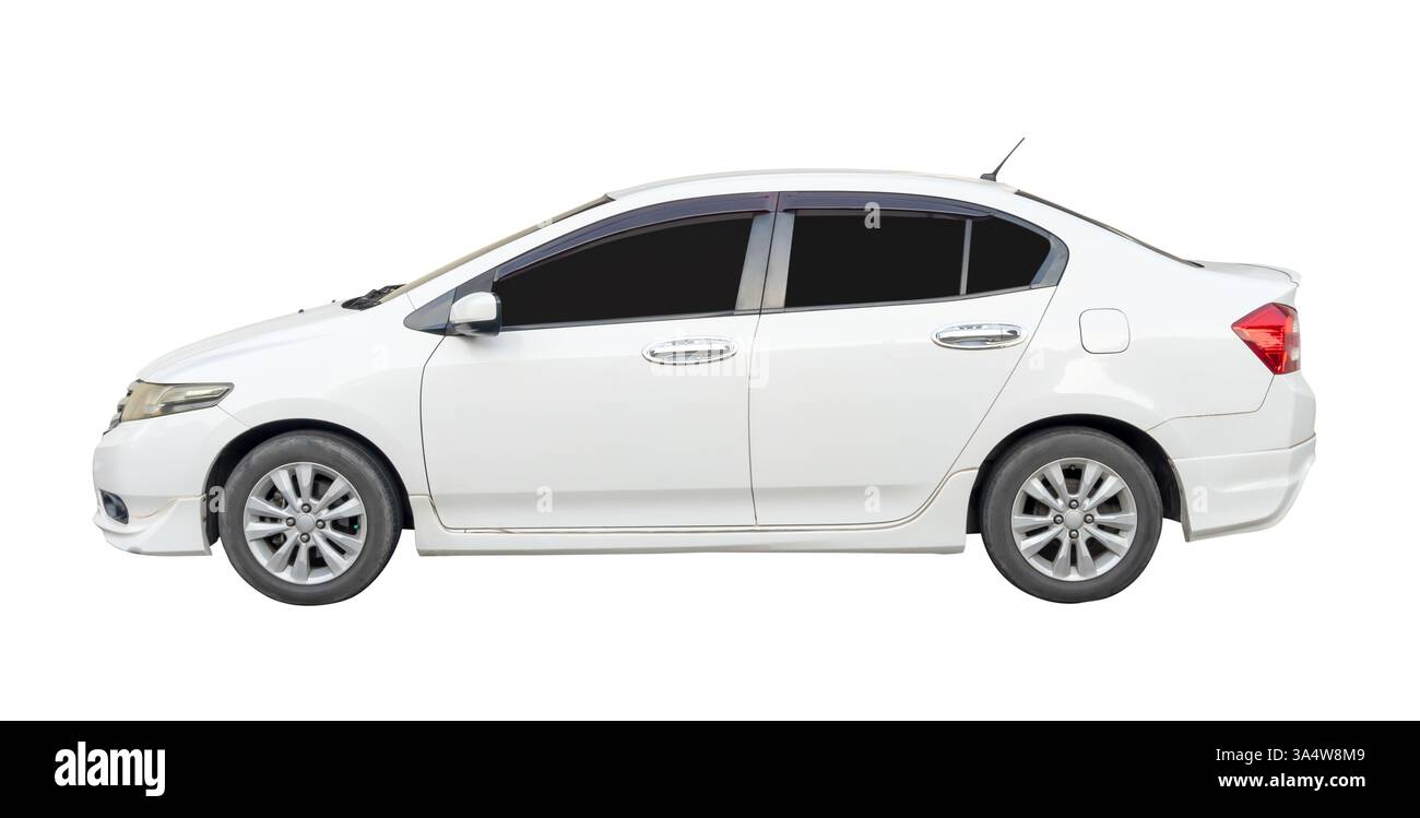 Side view of white sports sedan car is isolated on white background ...