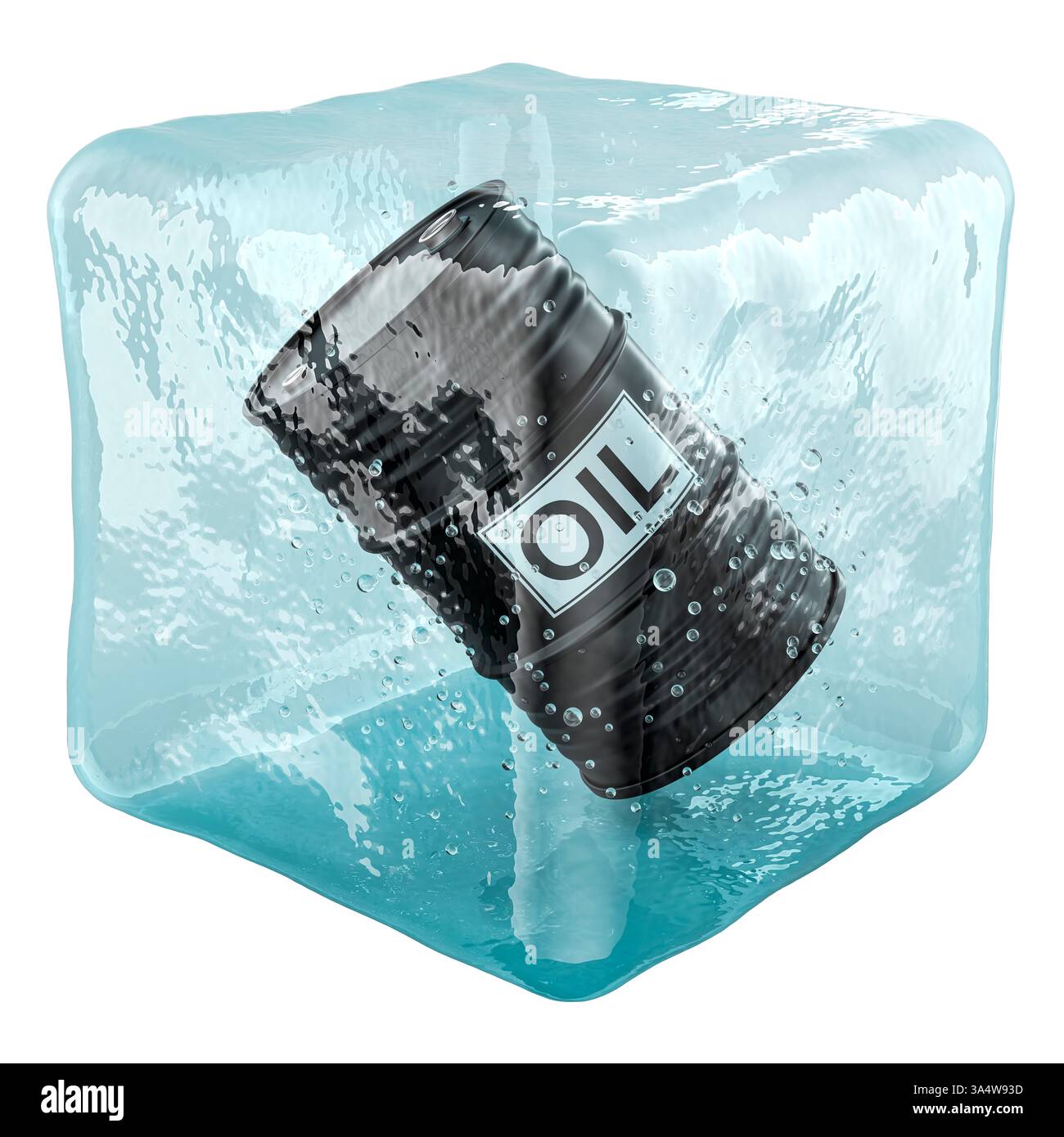 Oil barrel frozen in ice cube, 3D rendering isolated on white ...