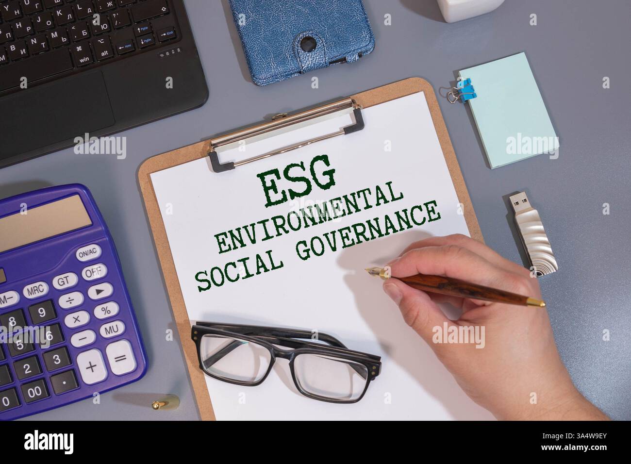 words ESG on a wood block and Future environmental conservation and ...